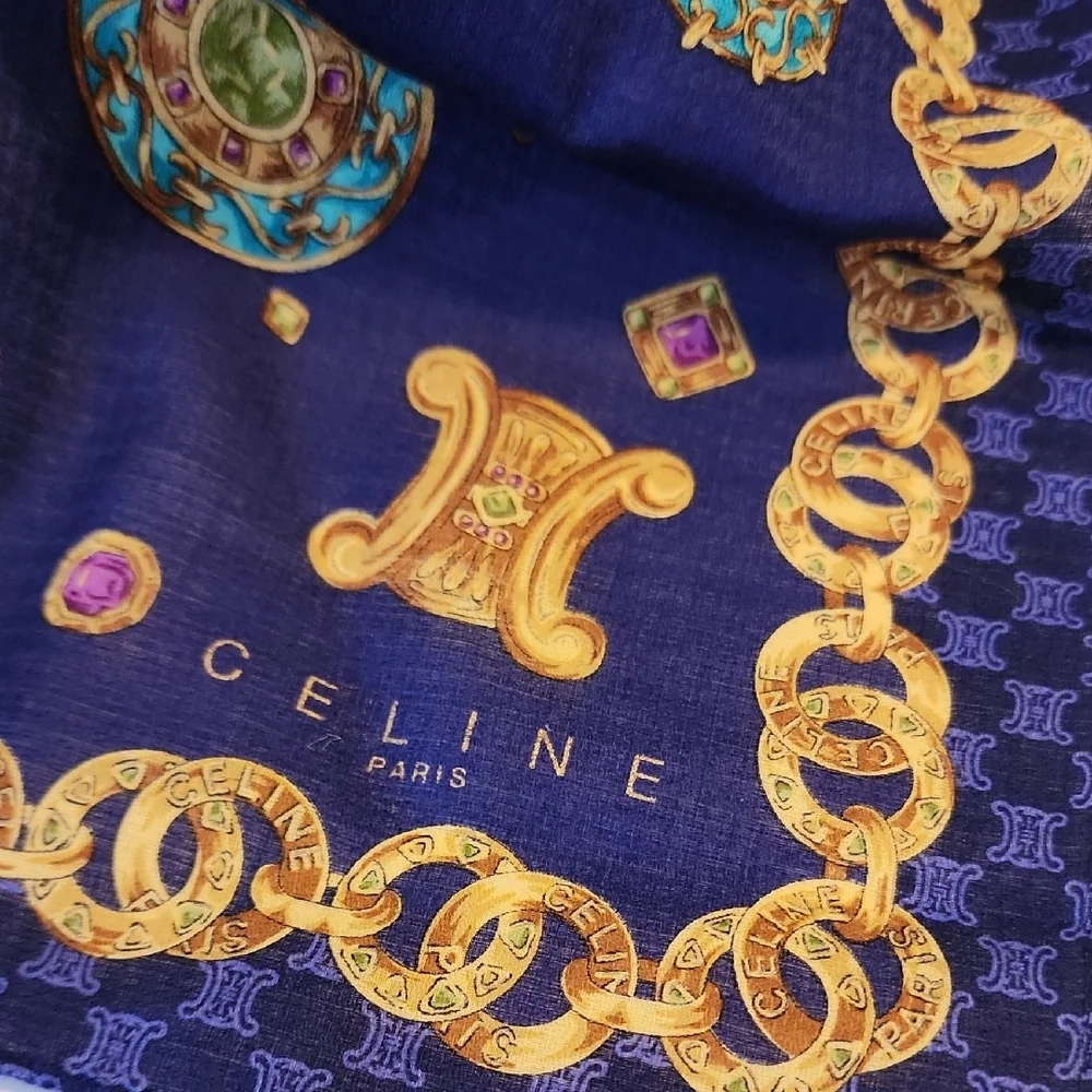 Celine | Accessories | Celine Navy And Gold Chain Pattern Scarf | Poshmark
